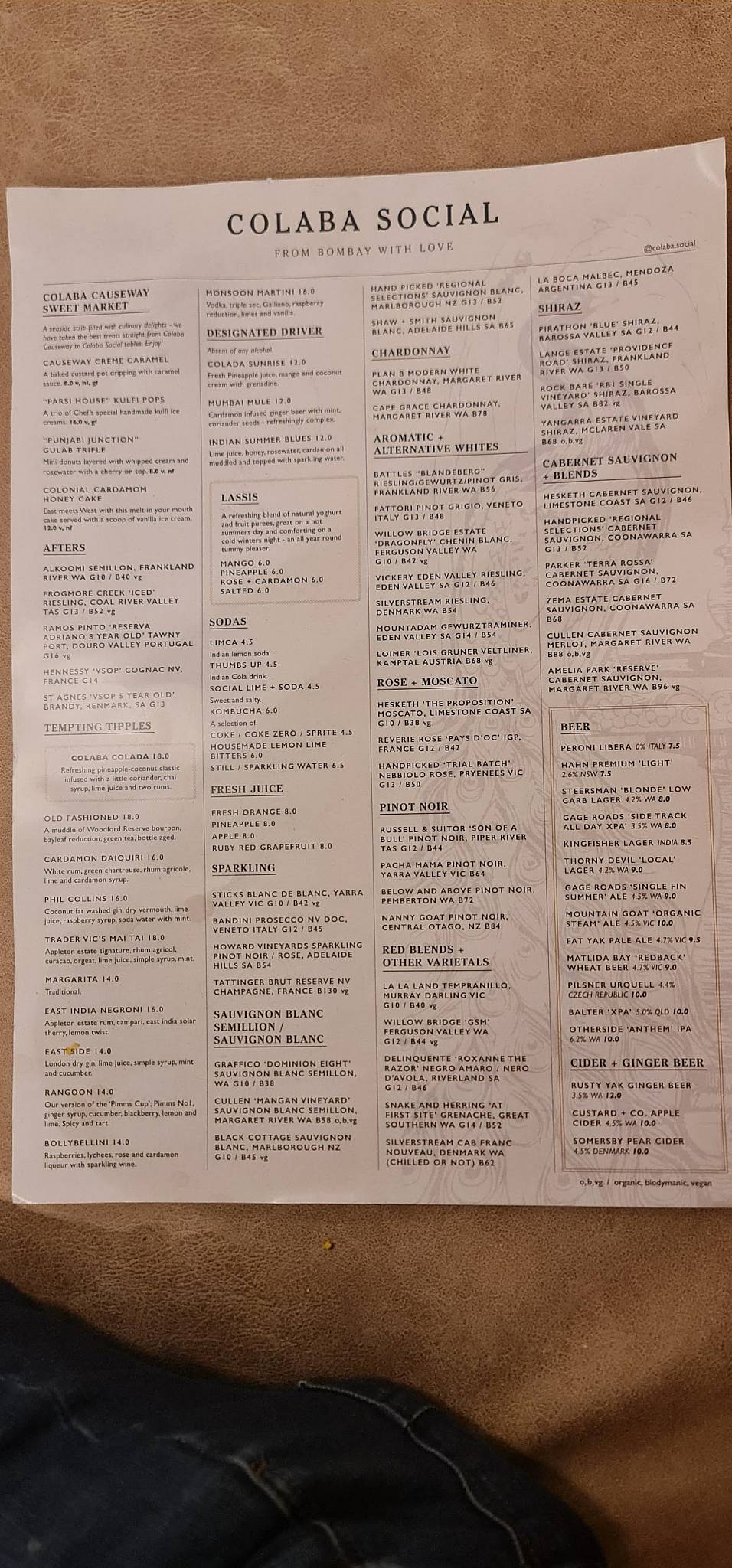 Menu at Colaba Social Indian Brasserie restaurant, East Victoria Park