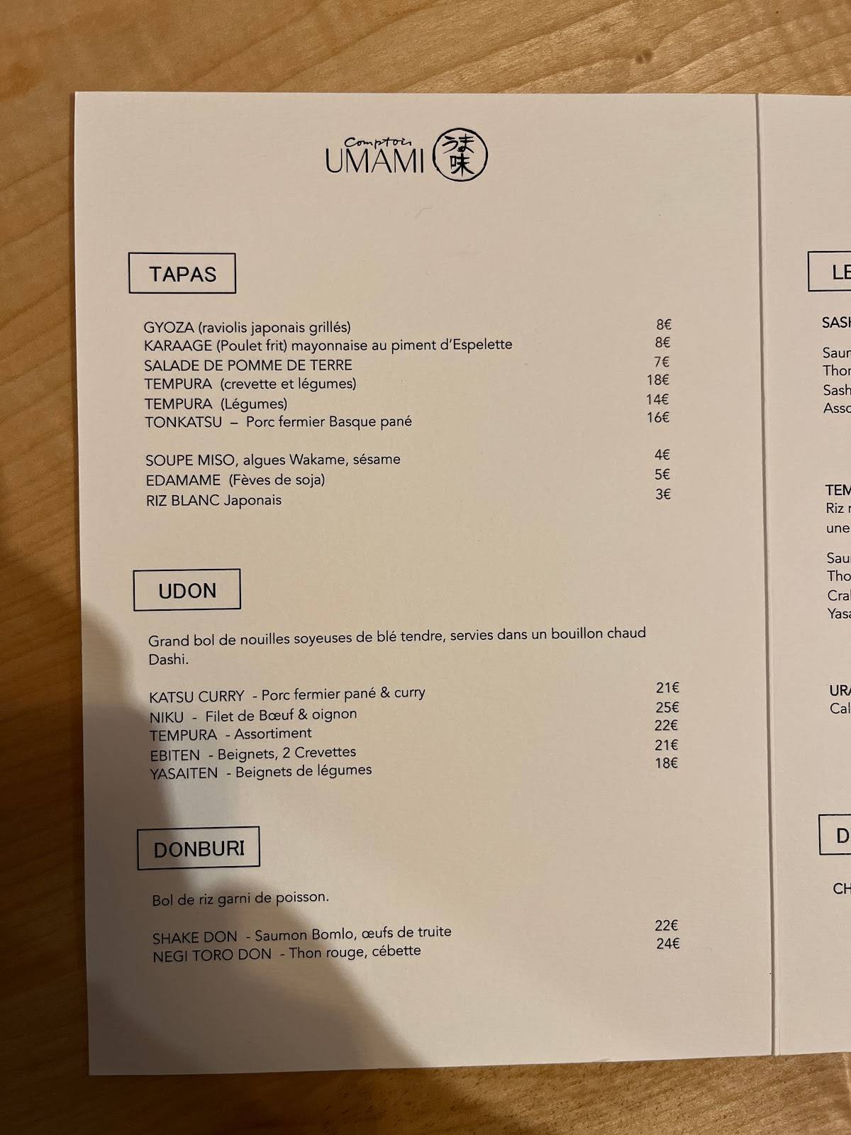Menu au Comptoir Umami Biarritz - Izakaya Moderne restaurant, Biarritz