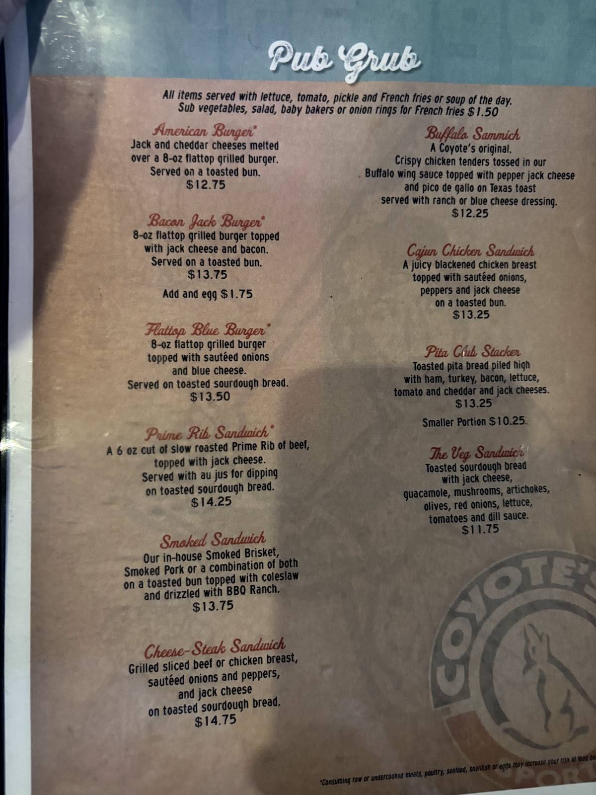 Menu at Coyote's Adobe Café restaurant, Springfield