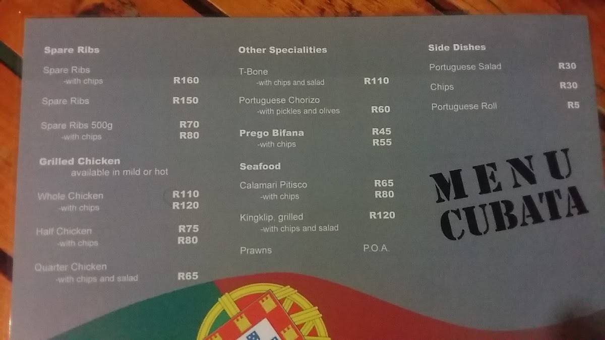 Menu at Cubata Sydenham Port Elizabeth restaurant, Port Elizabeth