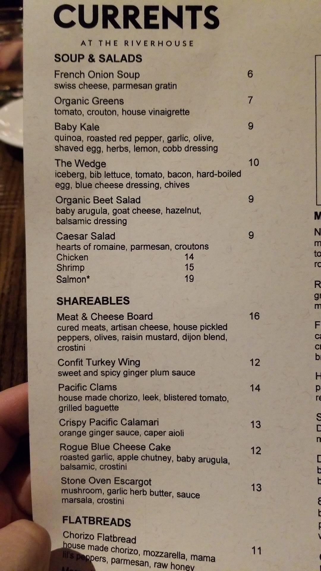 Menu at Currents at the Riverhouse restaurant, Bend