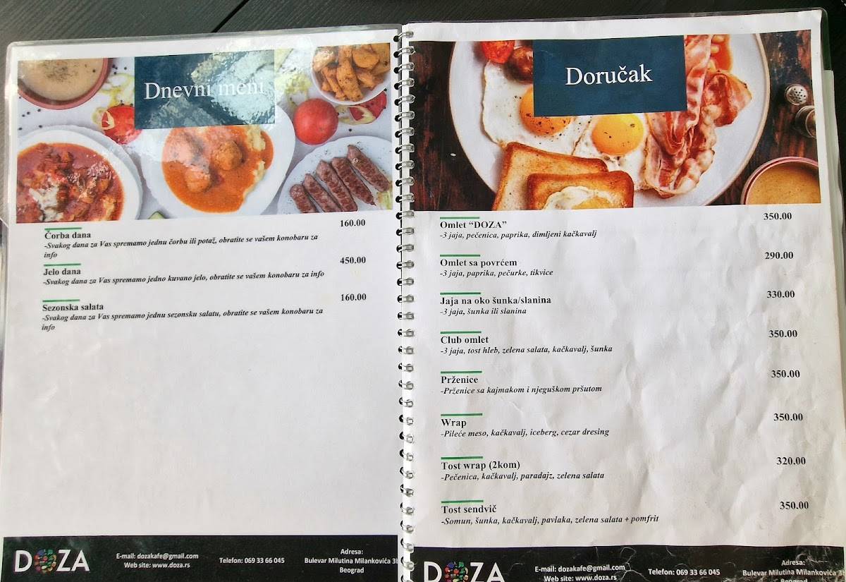 Menu at DOZA restaurant, Belgrade, Bulevar Milutina Milankovića 3b