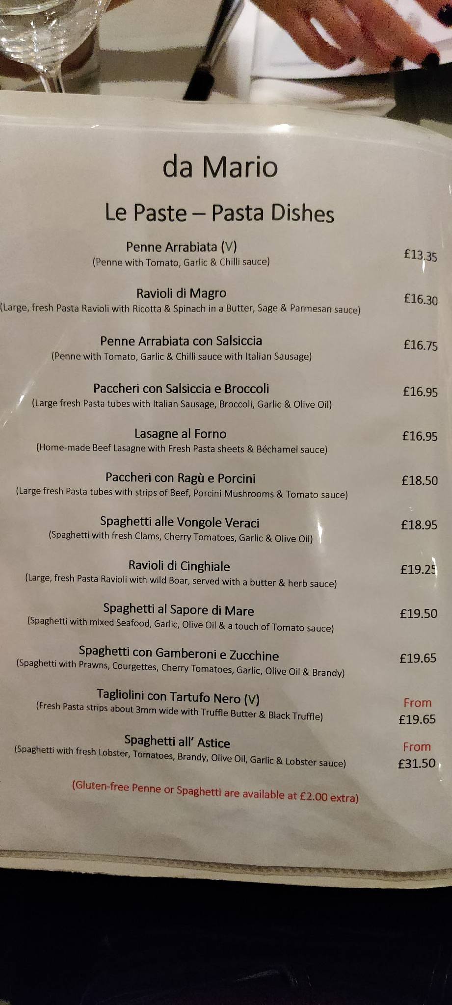 Menu at Da Mario Covent Garden restaurant, London, 63 Endell St
