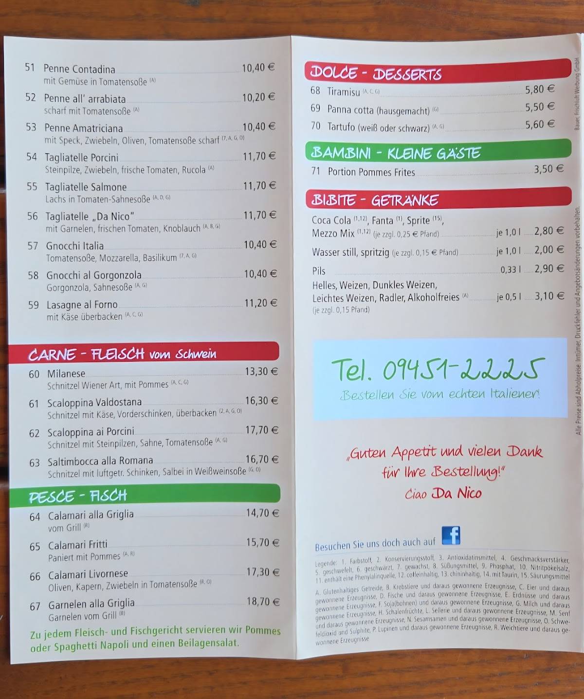 Speisekarte von Restaurant Da Nico, Schierling, Mannsdorfer Str. 51
