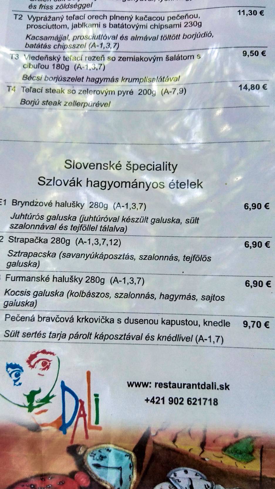 Menu at Dali restaurant, Štúrovo