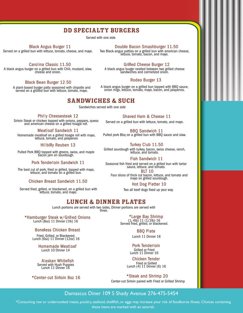 Menu at Damascus Diner restaurant, Damascus
