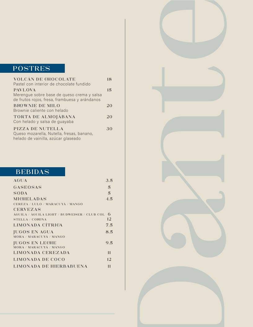 Carta de Dante Restaurante, Florencia