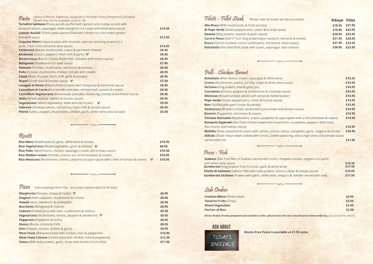 Menu at Da-Zero restaurant, Chester-le-Street