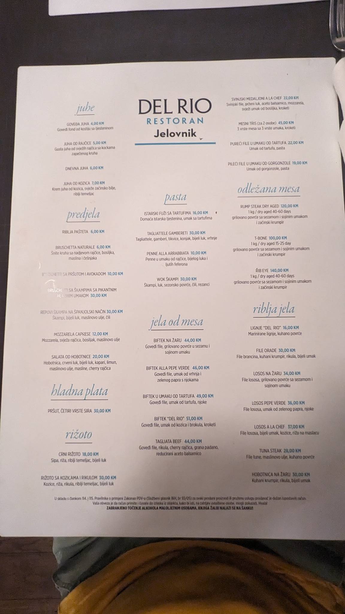 Menu at Del Rio restaurant, Mostar, Kardinala Stepinca 12