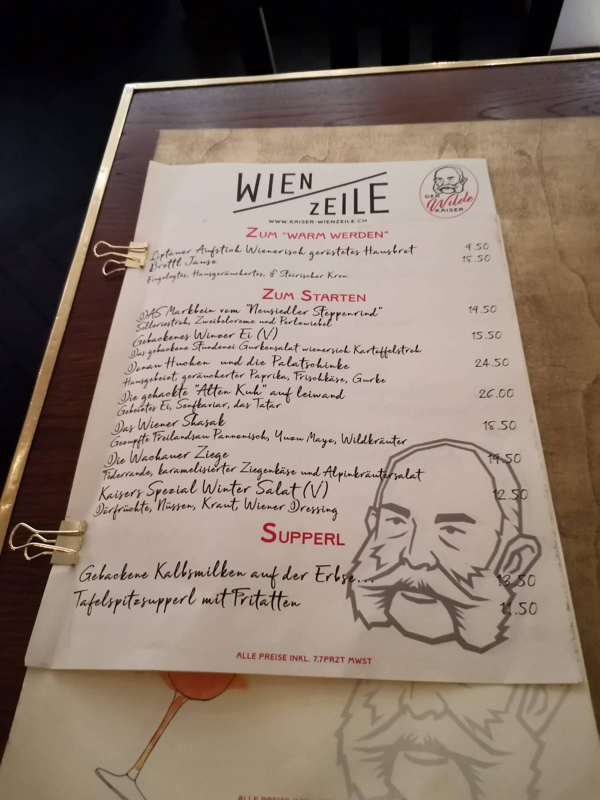 Menu at Der Wilde Kaiser Wienzeile, Zürich