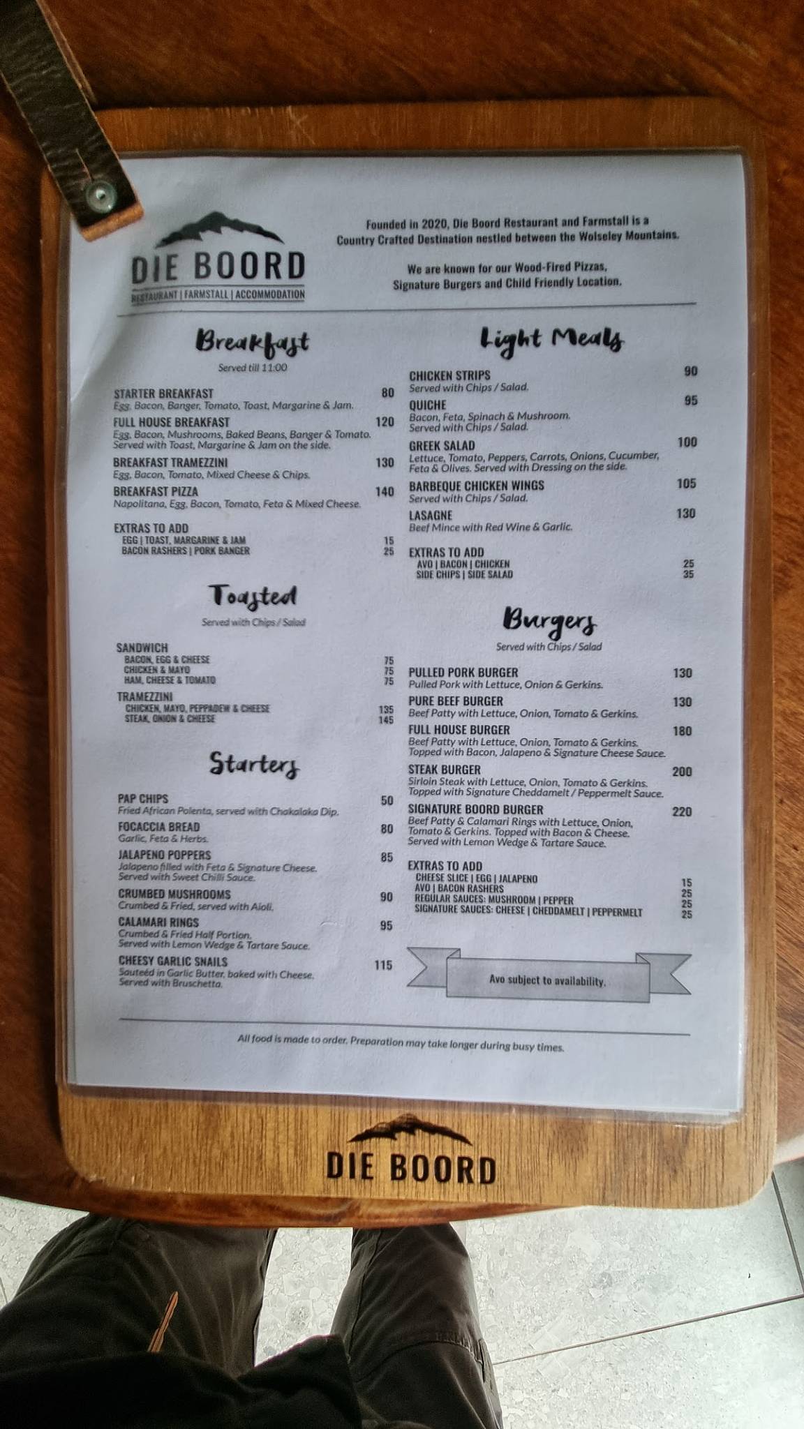 Menu at Die Boord Restaurant & Farmstall, Wolseley