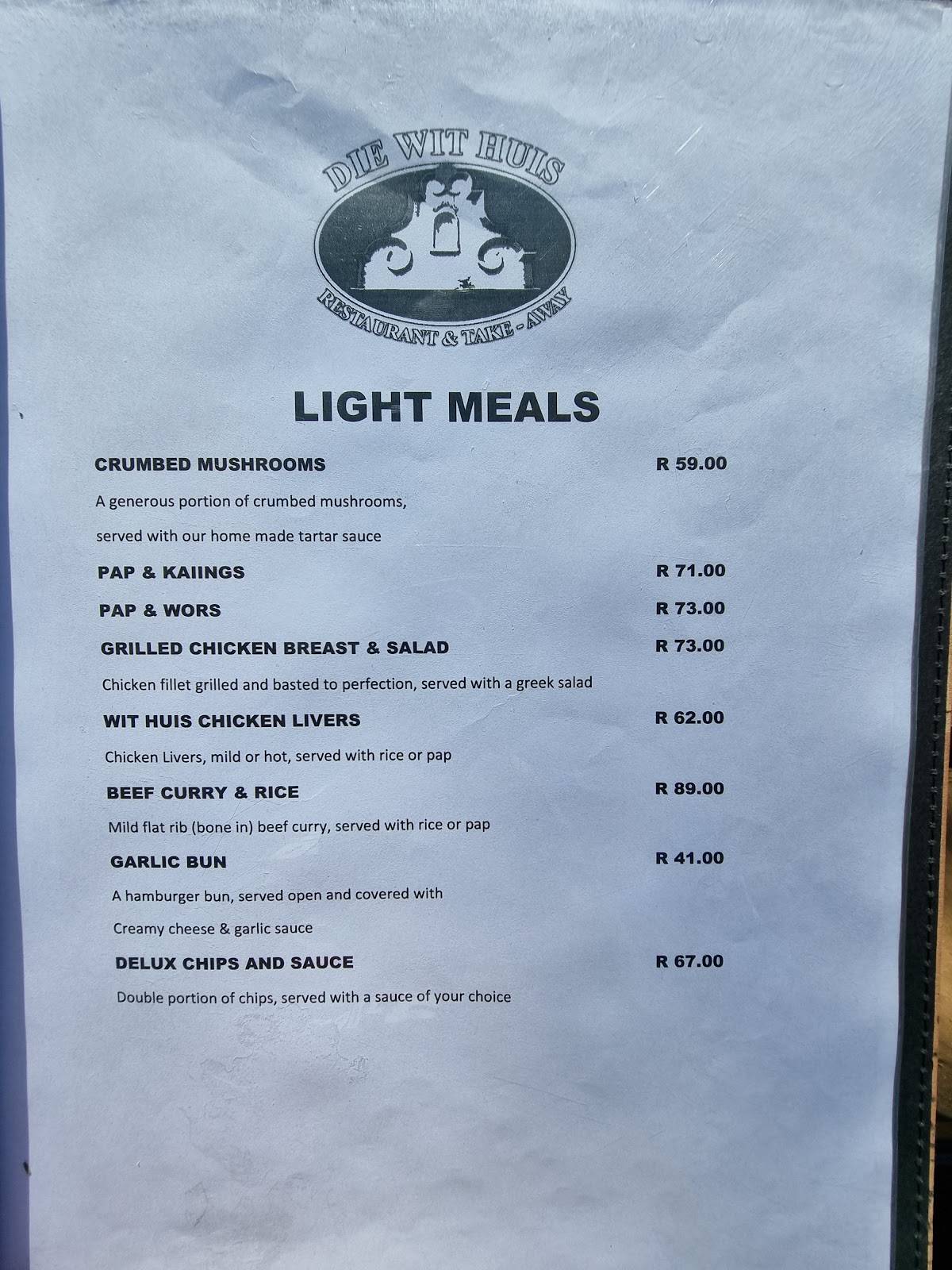 Menu at Die Wit Huis restaurant, Pretoria