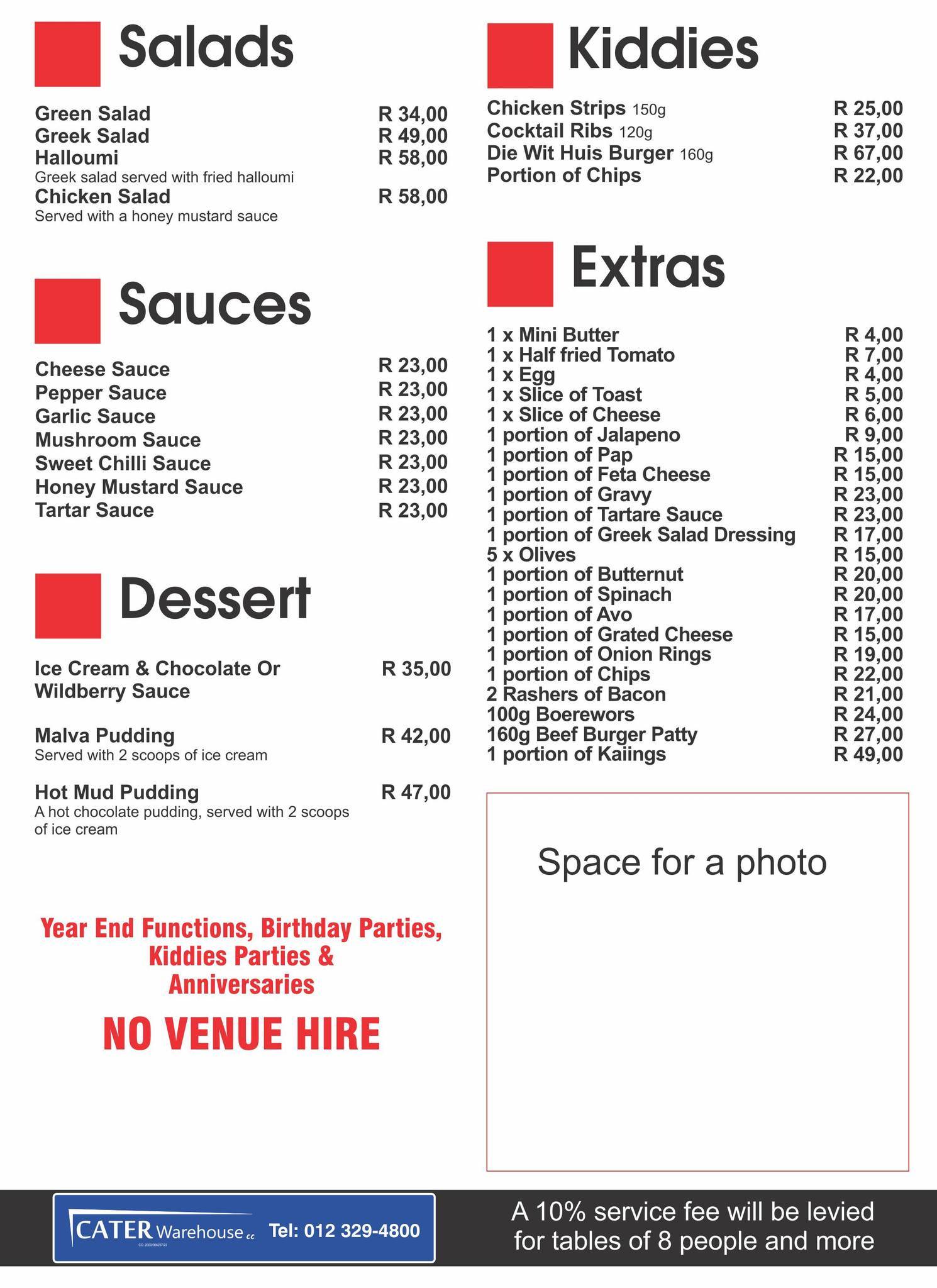 Menu at Die Wit Huis restaurant, Pretoria