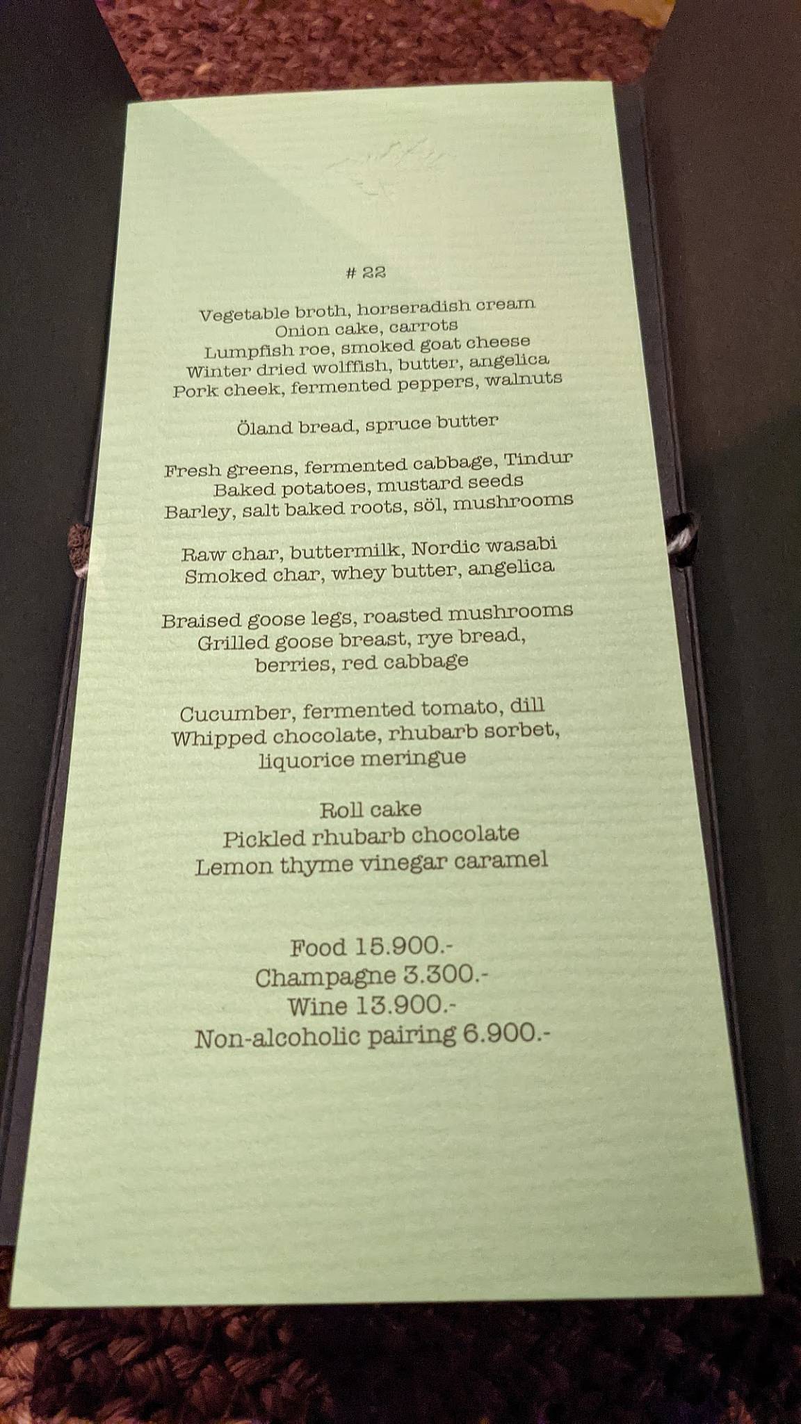 Menu at Dill Restaurant, Reykjavík, Laugavegur 59