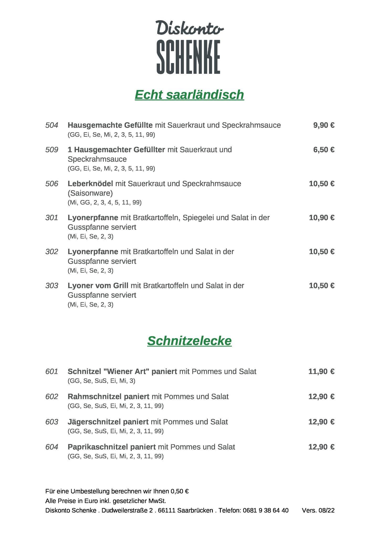 Speisekarte von Diskonto Schenke restaurant, Saarbrücken