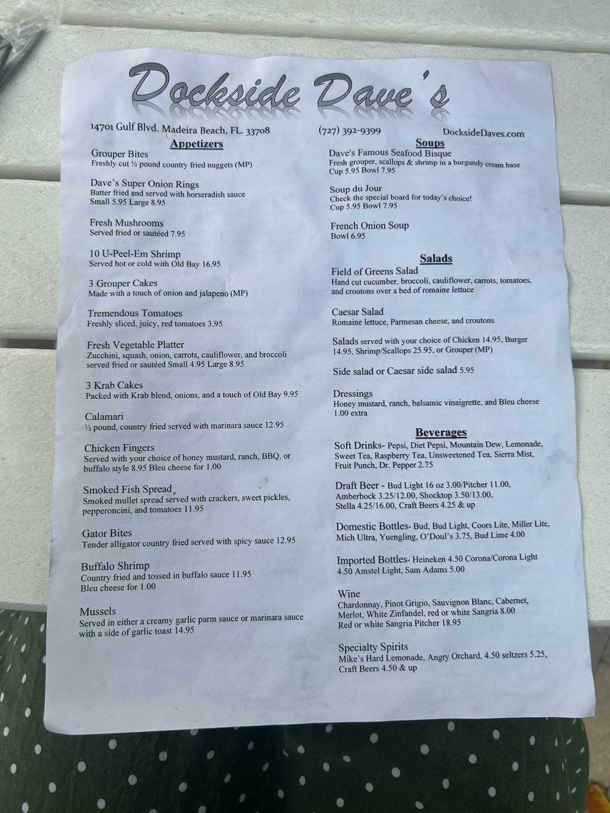 Menu at Dockside Dave's restaurant, Madeira Beach, Gulf Blvd