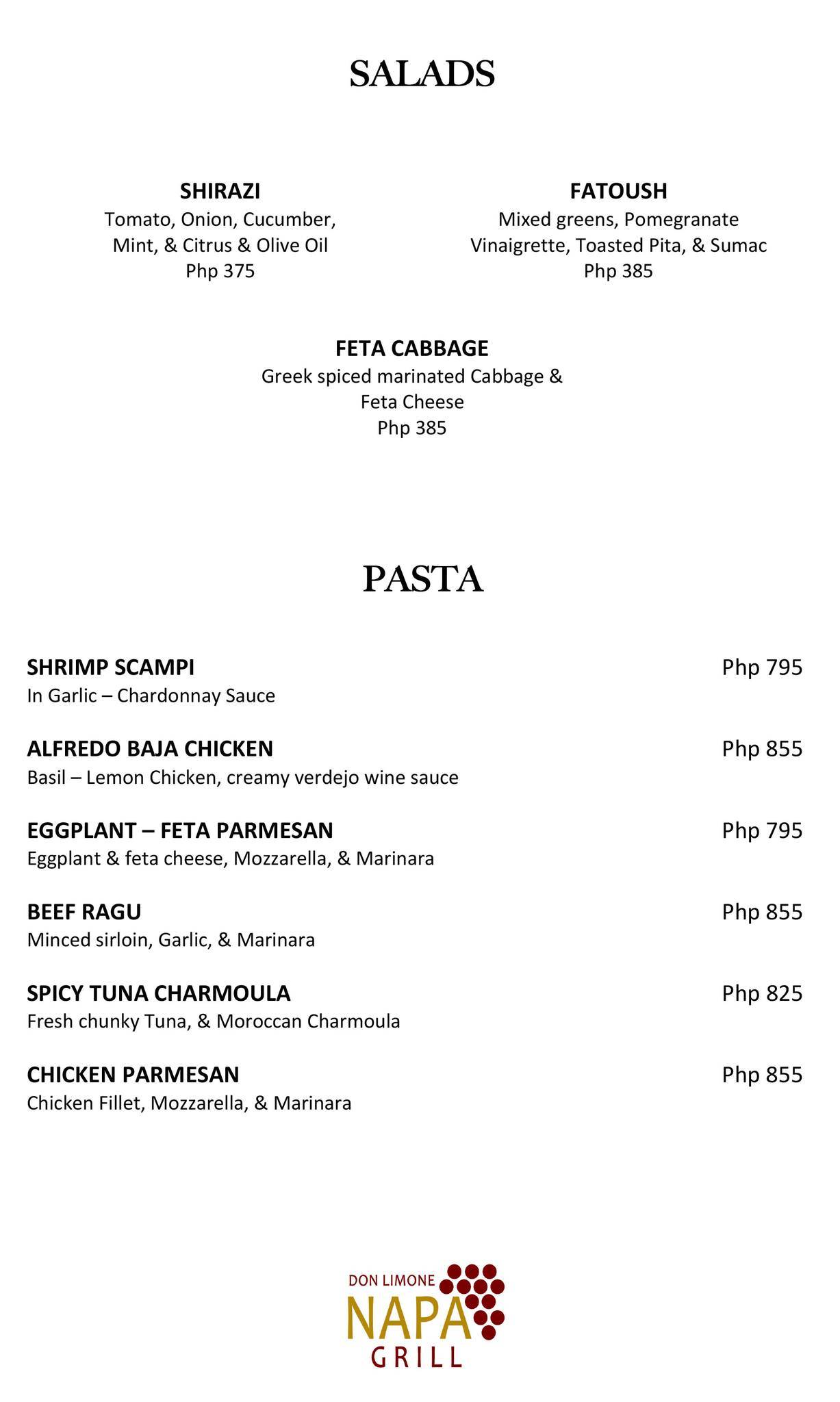 Menu at Don Limone Napa Grill restaurant, Tagaytay