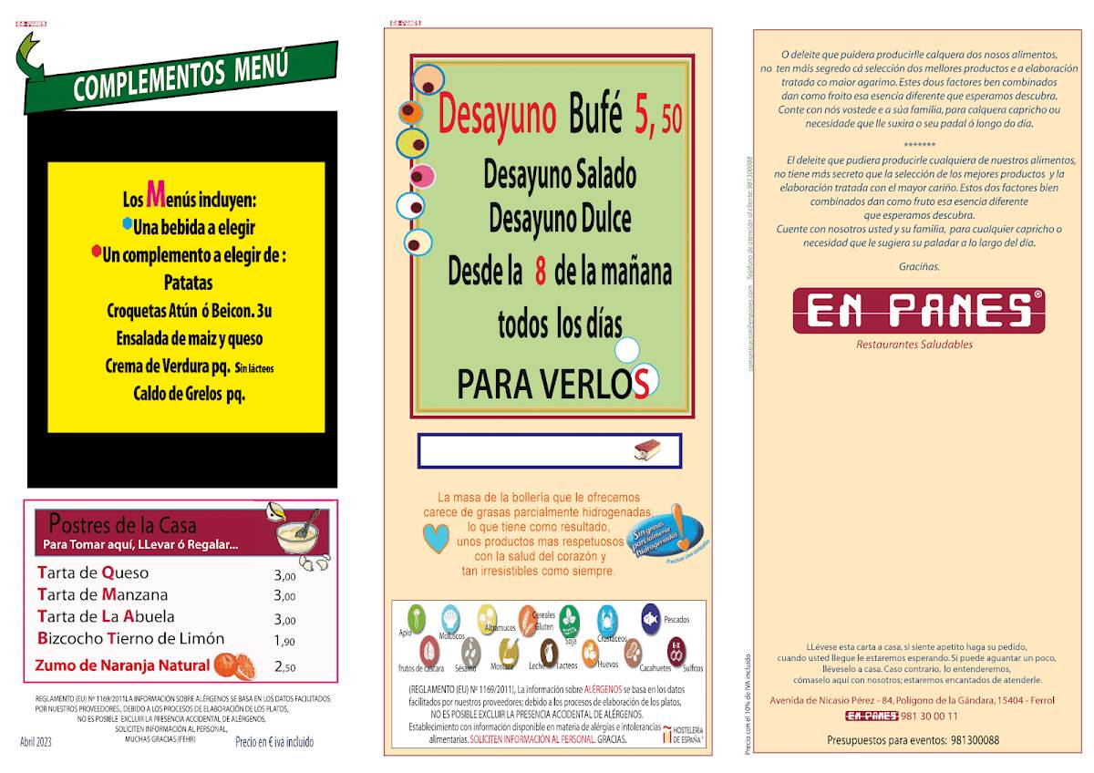 Carta del restaurante EN PANES, Ferrol, Av. Nicasio Pérez
