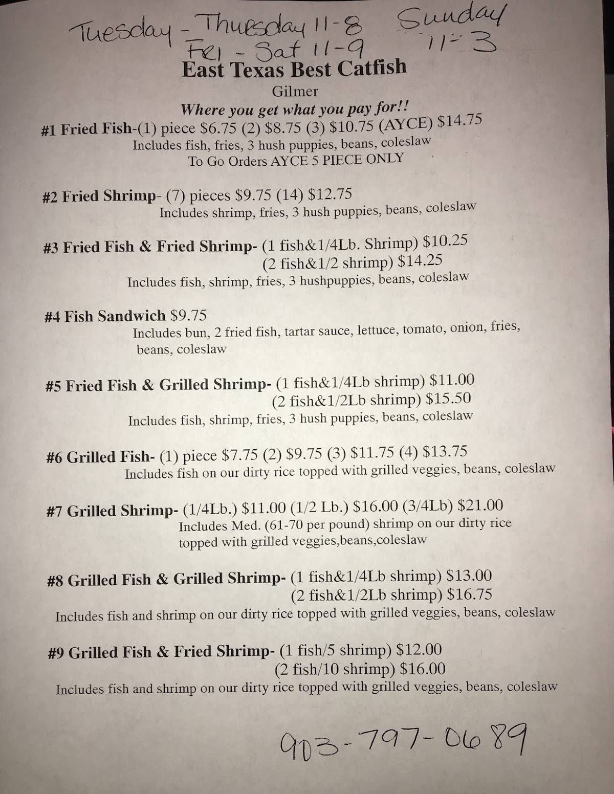Menu at East Texas Best Catfish restaurant, Gilmer