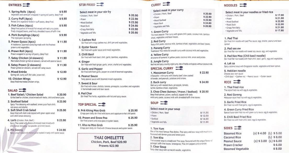 Menu at East Thai Restaurant, East Gosford