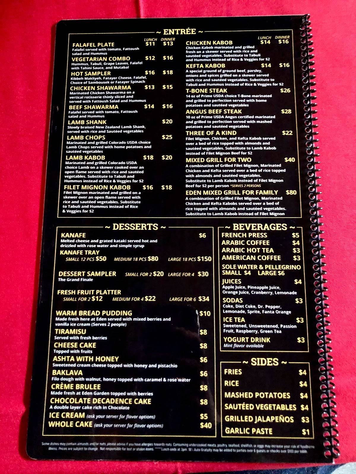 Menu at Eden Garden Bar & Grill, Pasadena