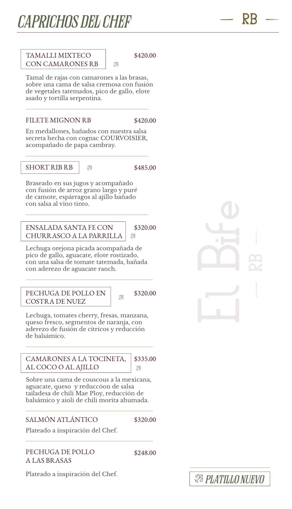 Carta del restaurante El Bife RB, Torreón