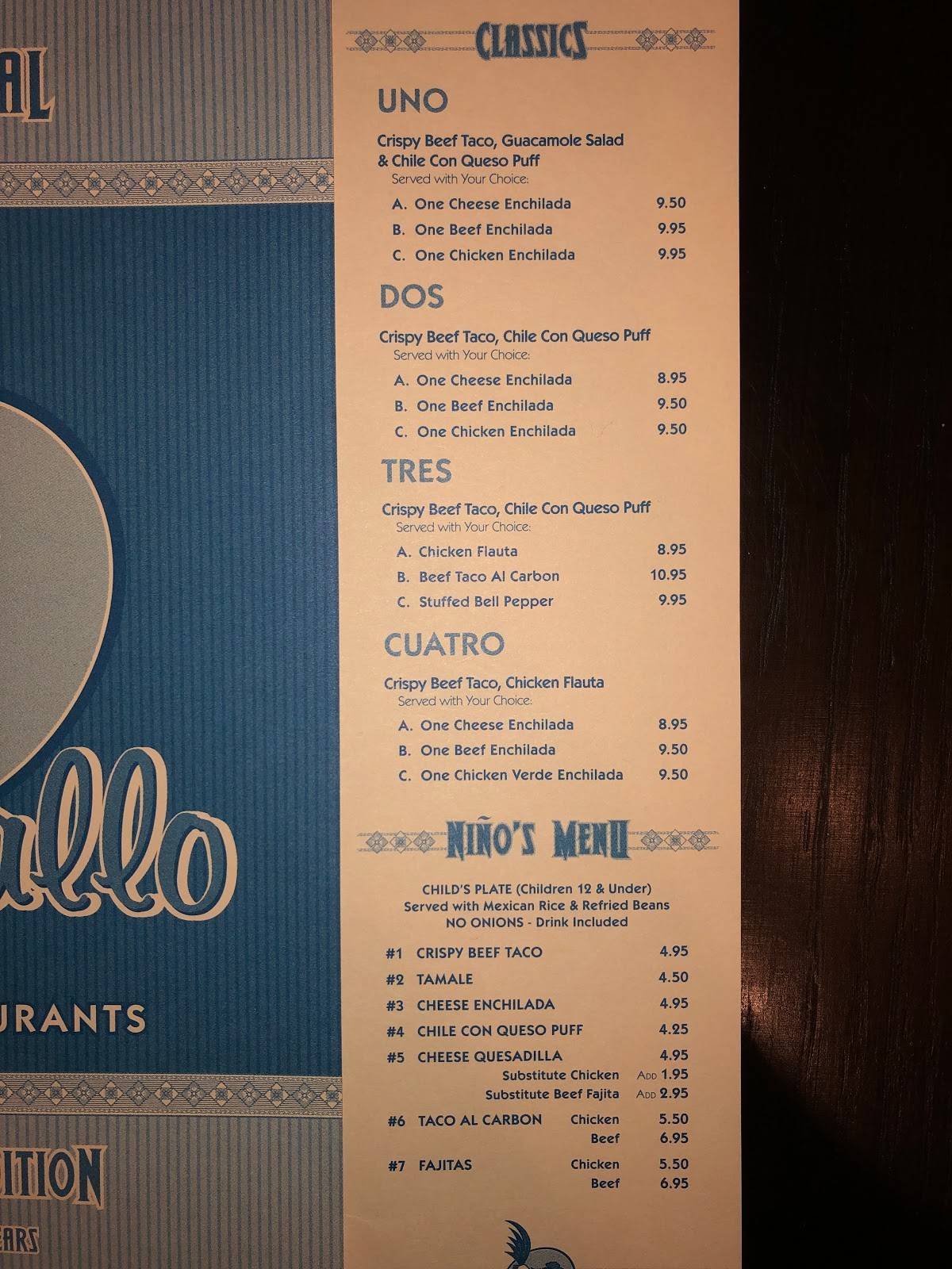 Menu at El Gallo restaurant, Houston, Jones Rd