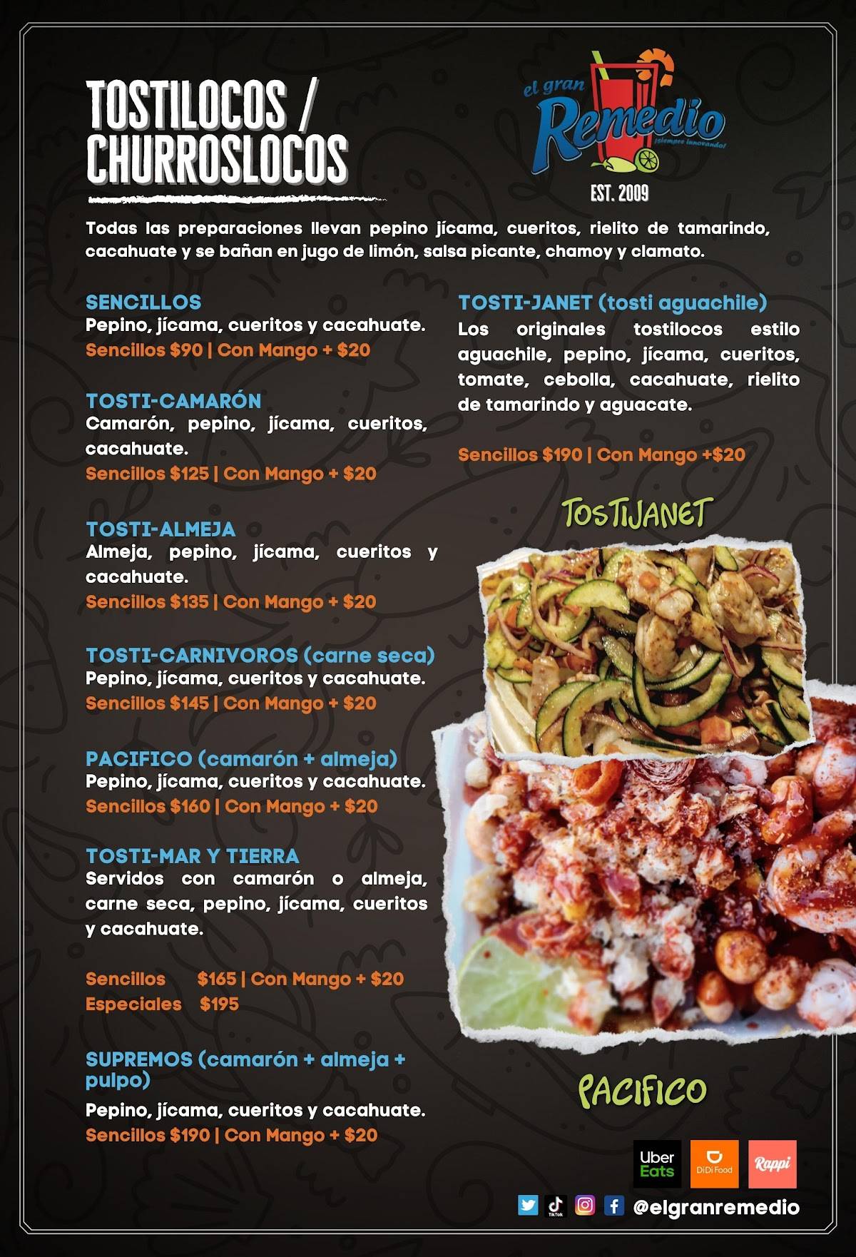 Carta del restaurante El gran remedio clamatos, Tijuana