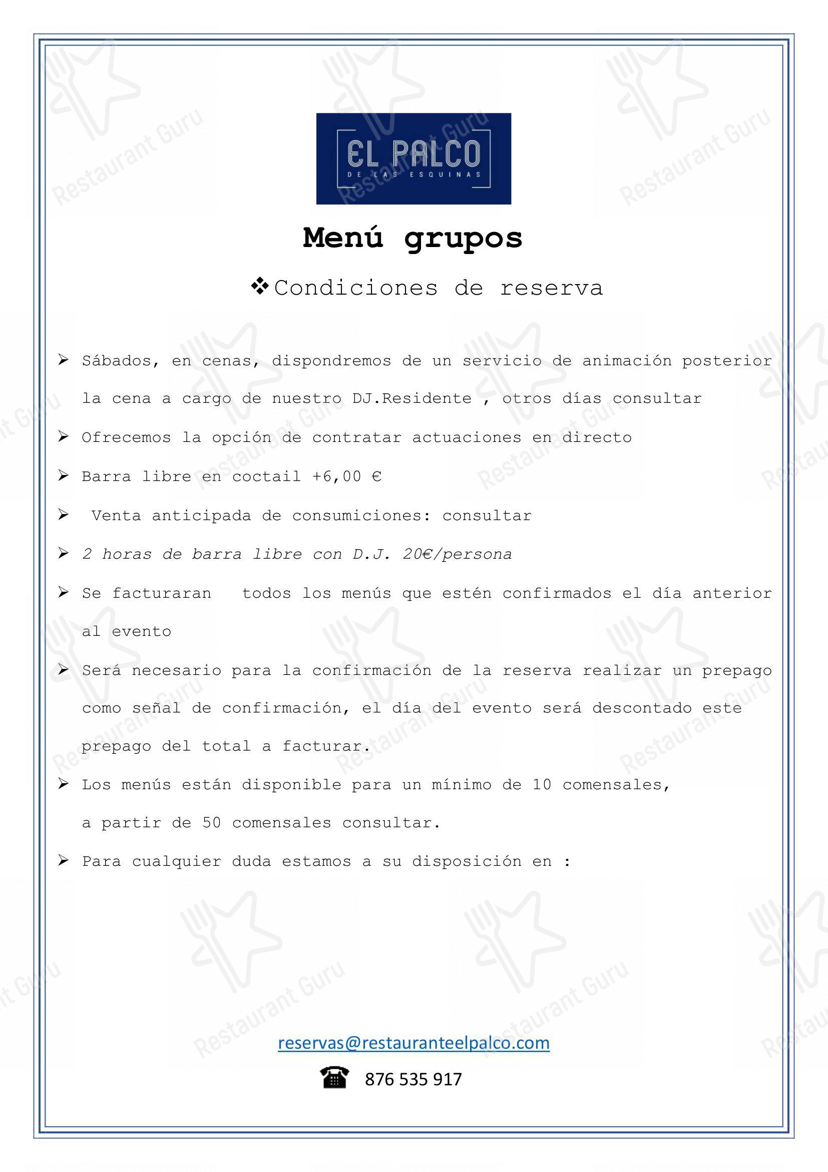 Carta del restaurante El Palco del las Esquinas, Zaragoza
