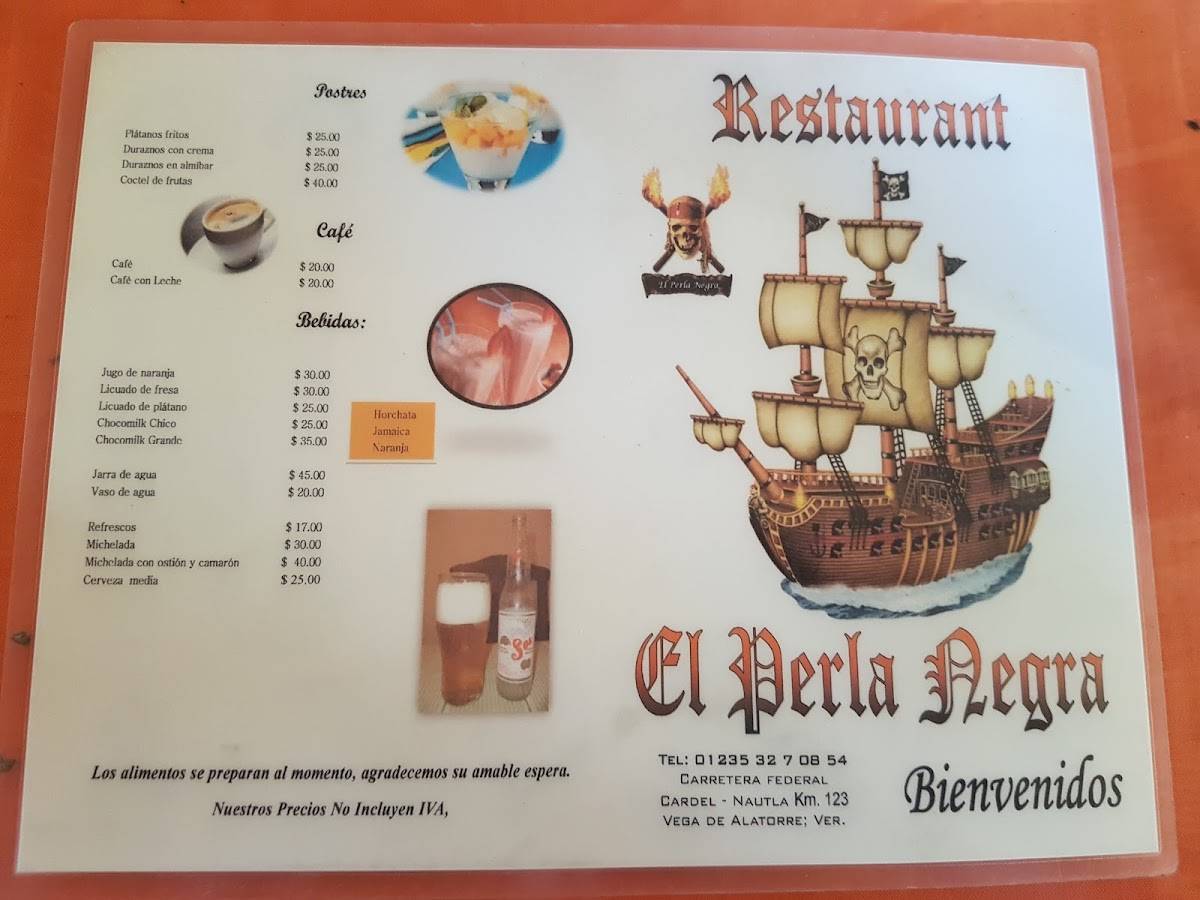 Menu at El Perla Negra restaurant, Vega de Alatorre
