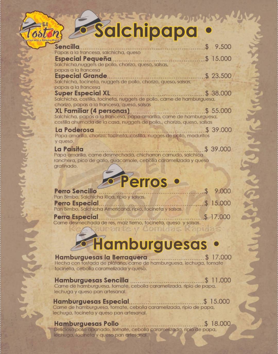 Carta de El Tostón Restaurante y Pizzeria, Palmira