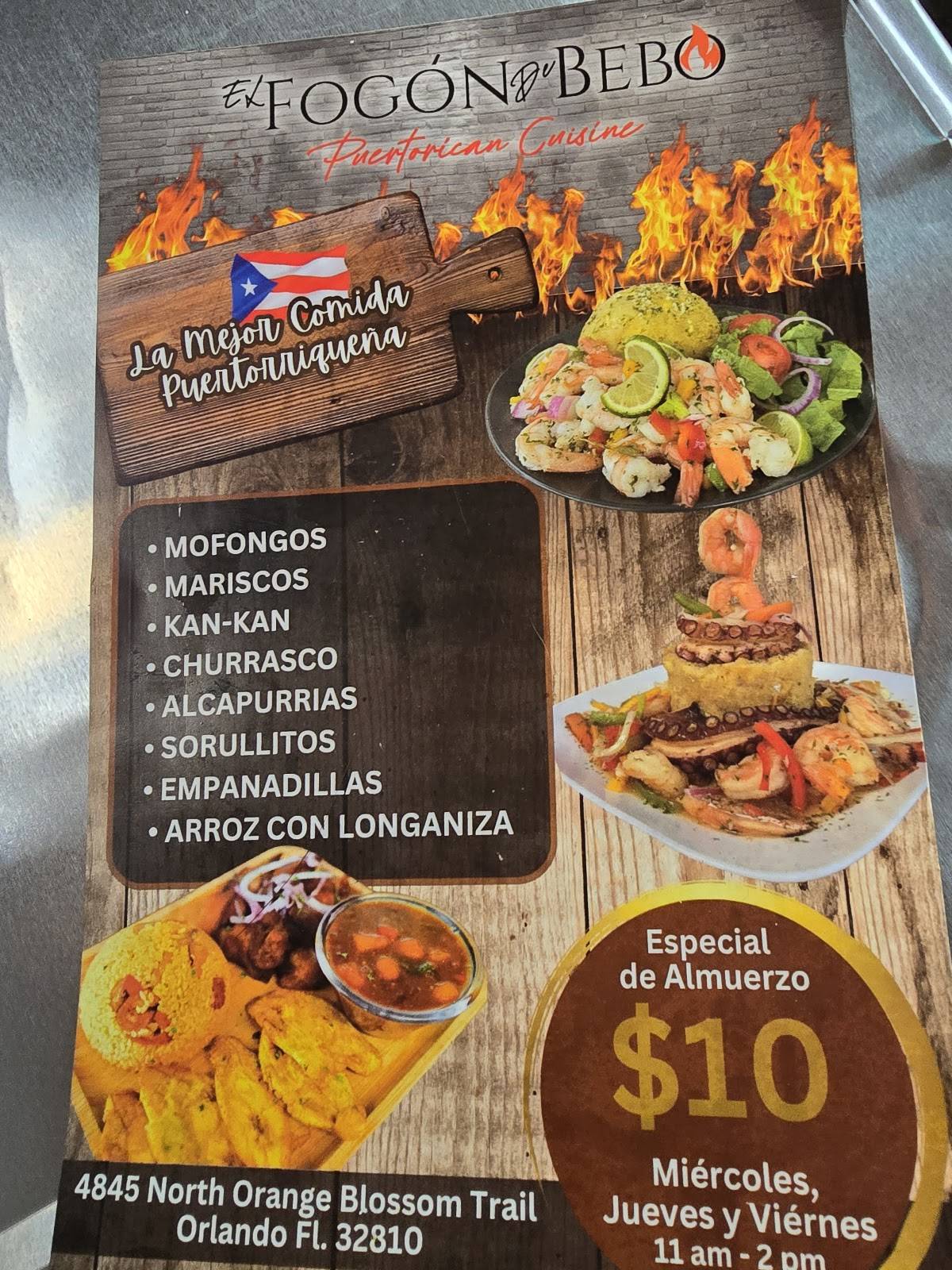 Menu at El fogón de bebo restaurant, Orlando