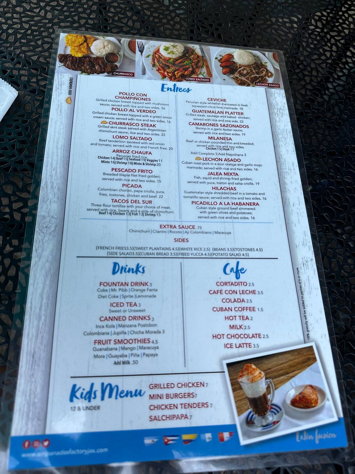 Menu at Empanada’s Factory Latin Fusion restaurant, Jacksonville