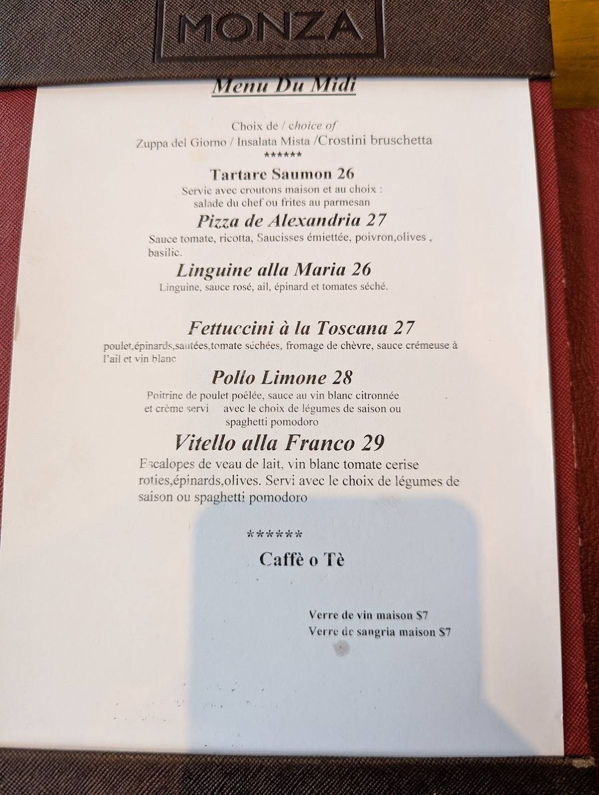 Menu au Enoteca Monza Pizzeria Moderna, Saint-Bruno-de-Montarville