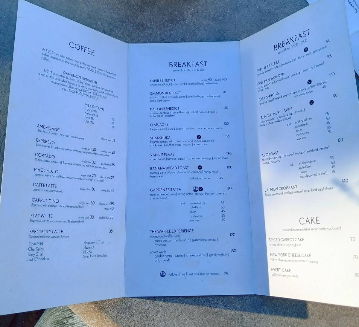 Menu at Evert Opstal Restaurant, Cape Town