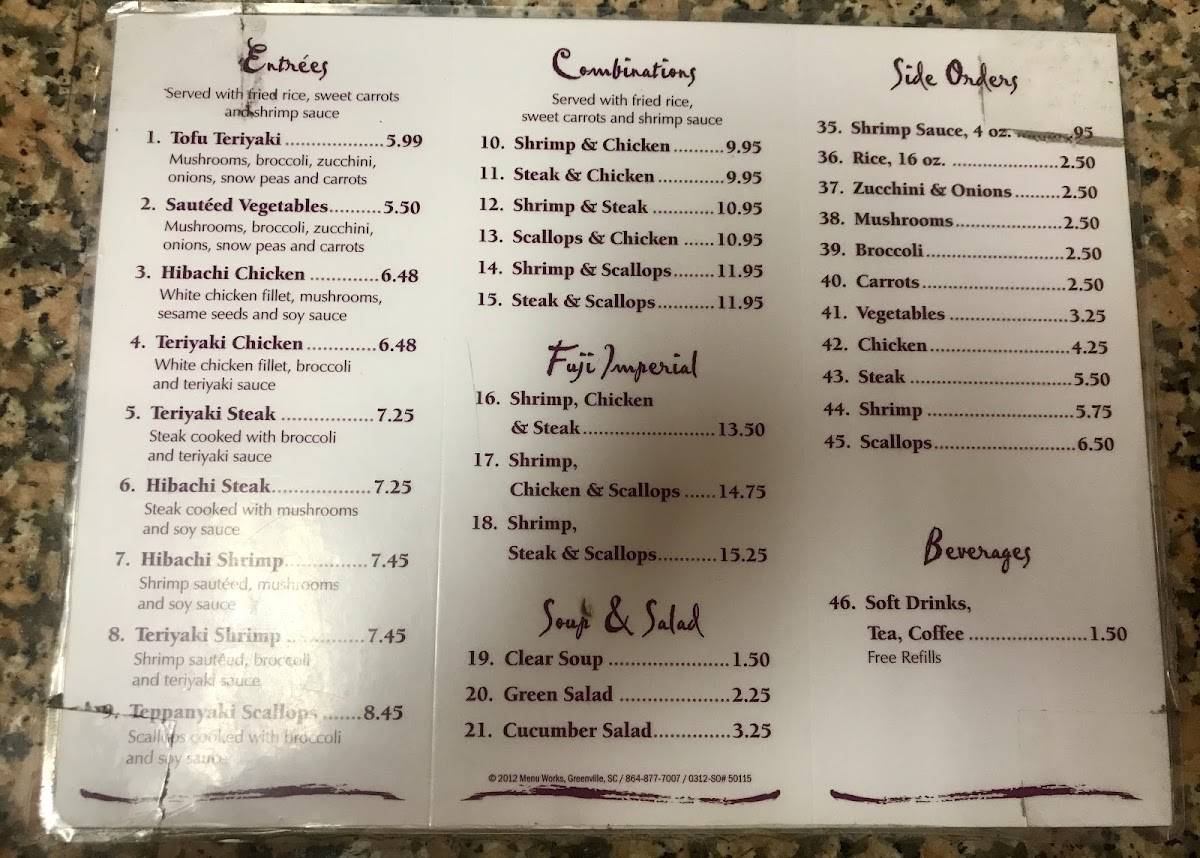 Menu at FUJI Boiling Springs restaurant, Boiling Springs