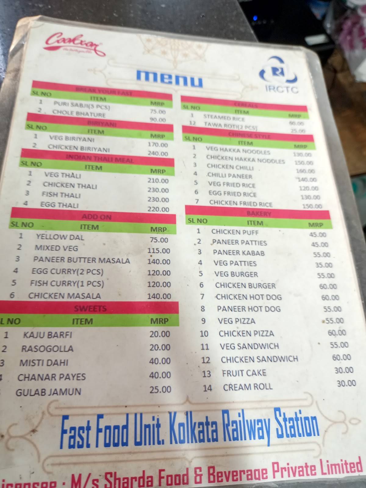 Menu at Fast Food Track Kolkatta station, Kolkata