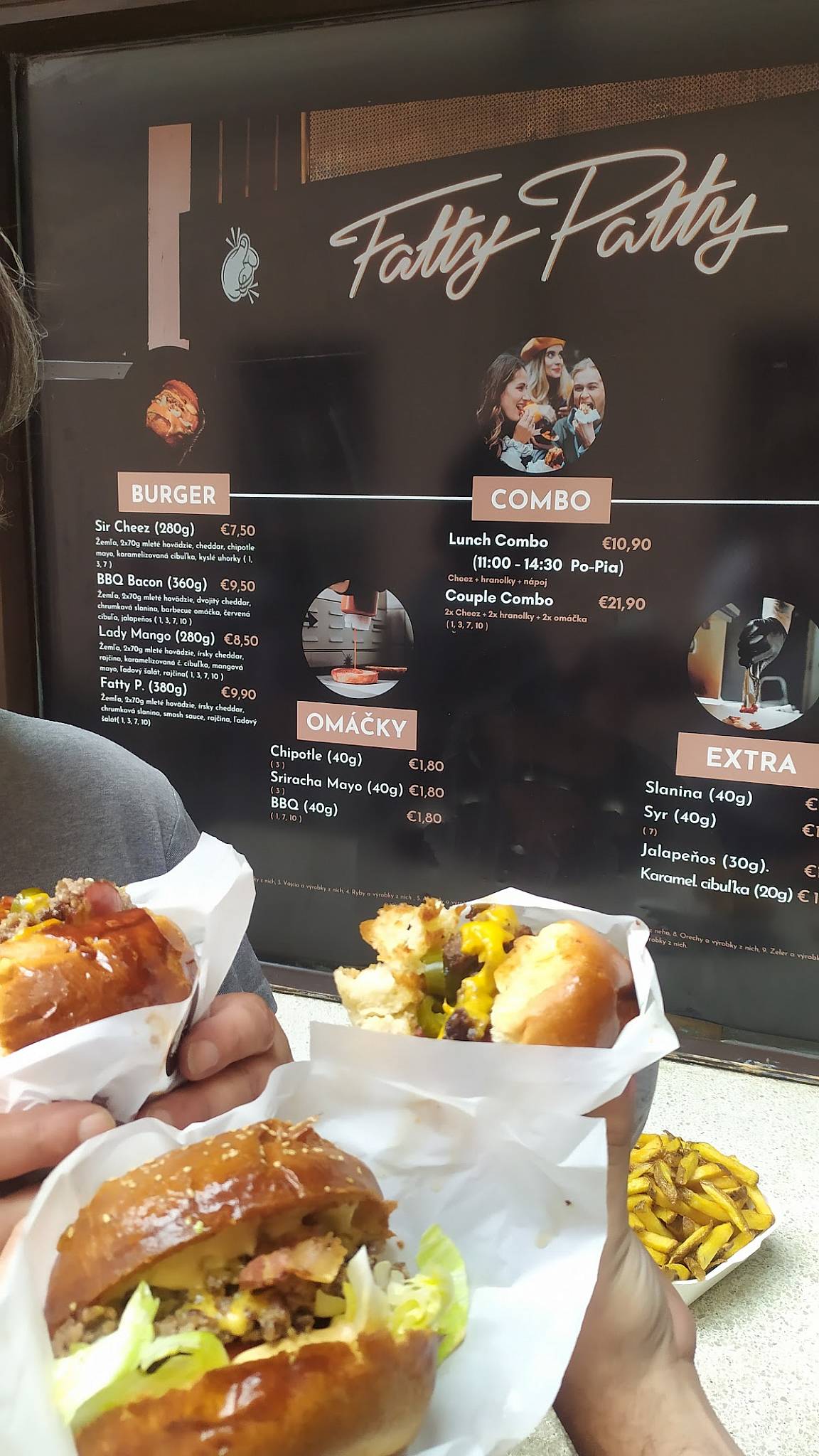 Menu at Fatty Patty smash burgers restaurant, Trenčín