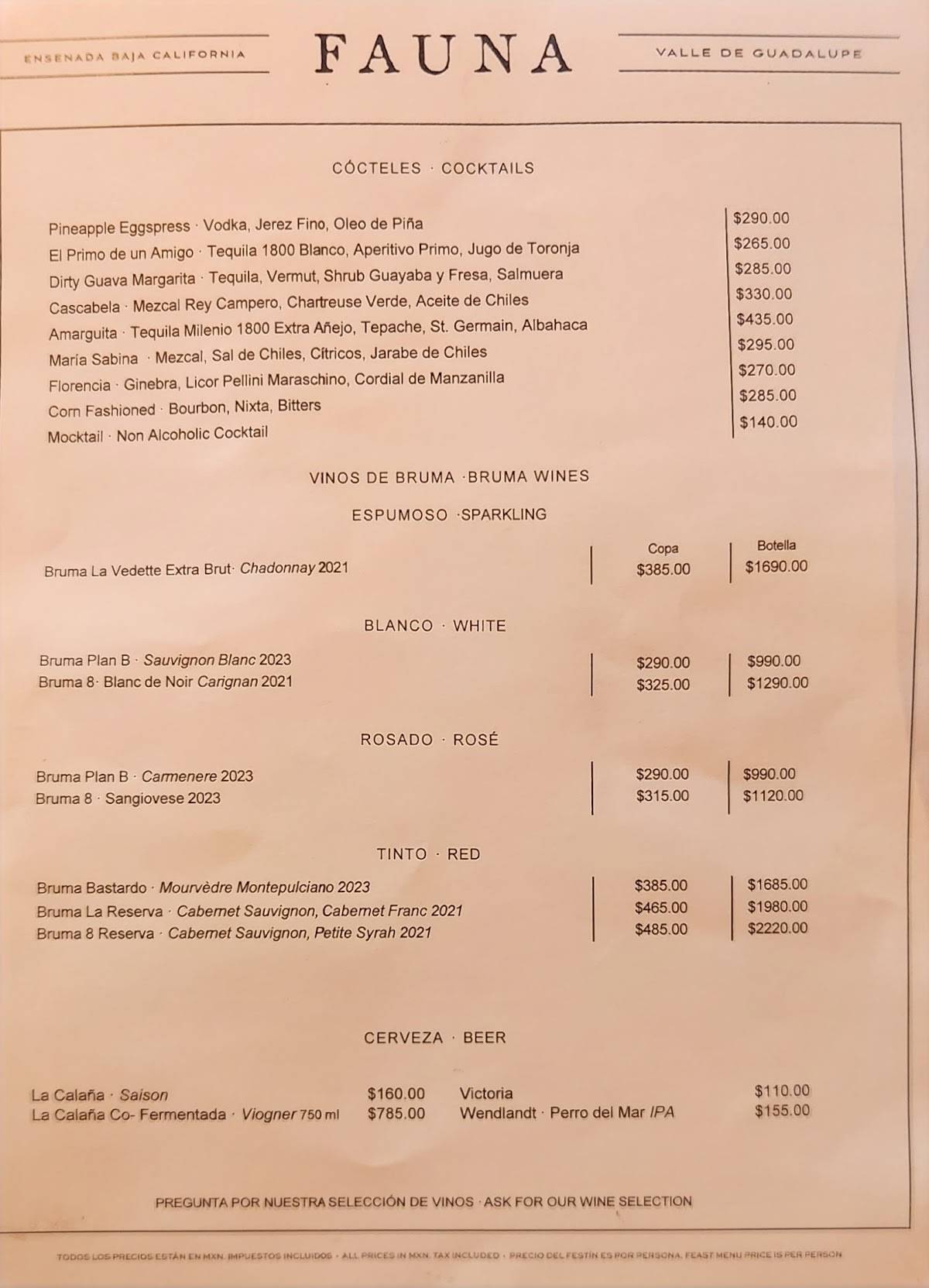 Carta del restaurante Fauna, Guadaloupe