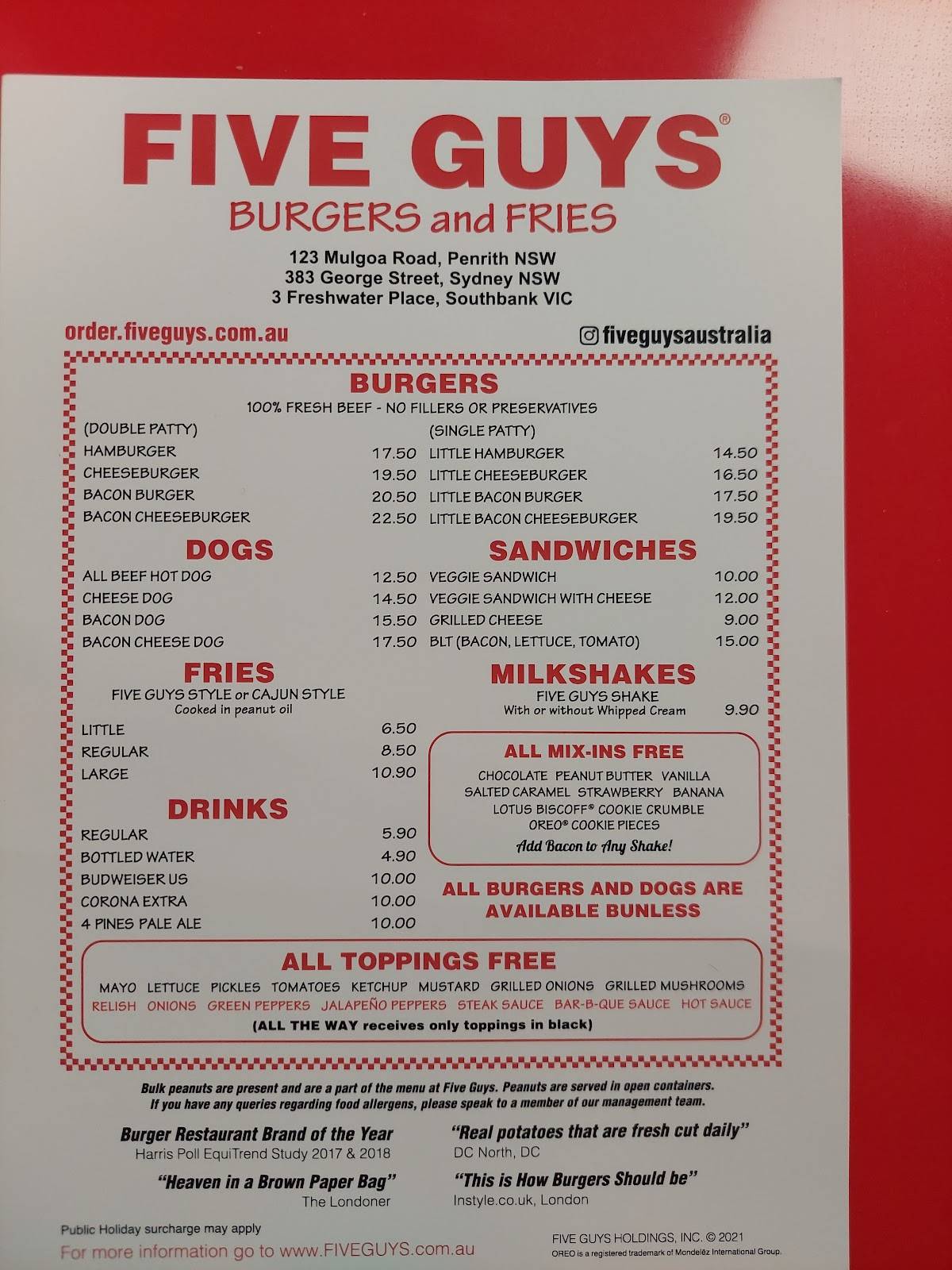 Menu at Five Guys Penrith restaurant, Penrith