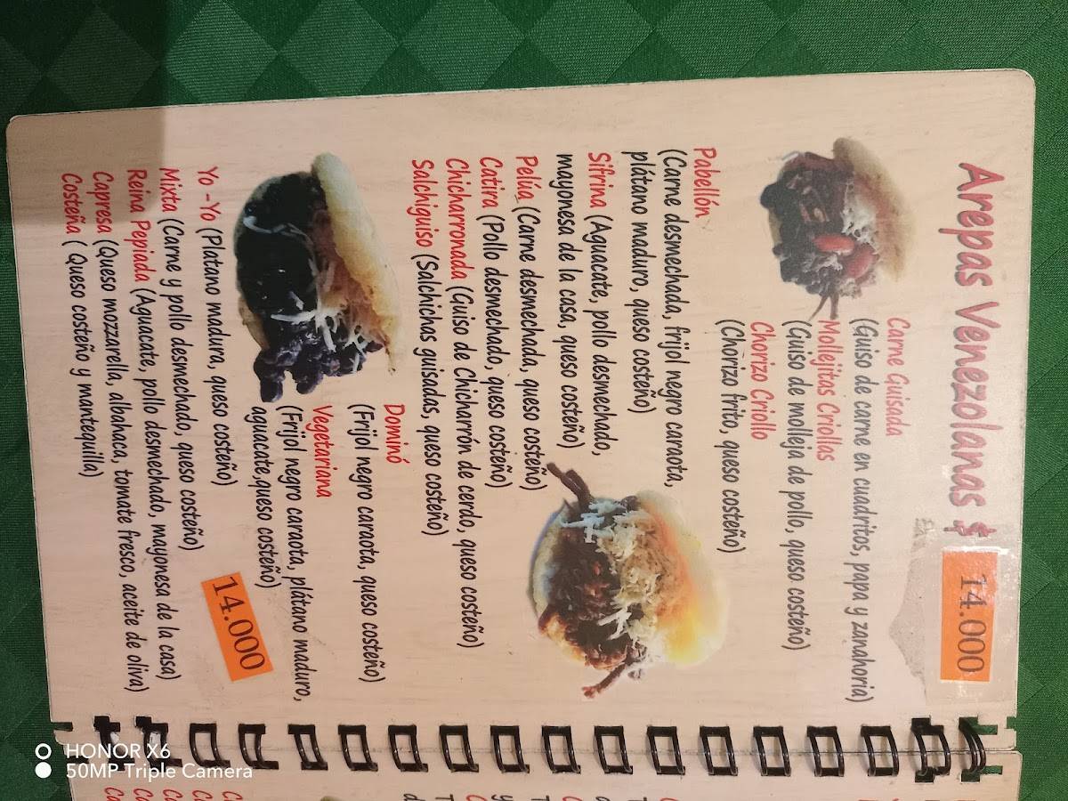 Menu at Florentino Arepas Venezolanas restaurant, Bogotá