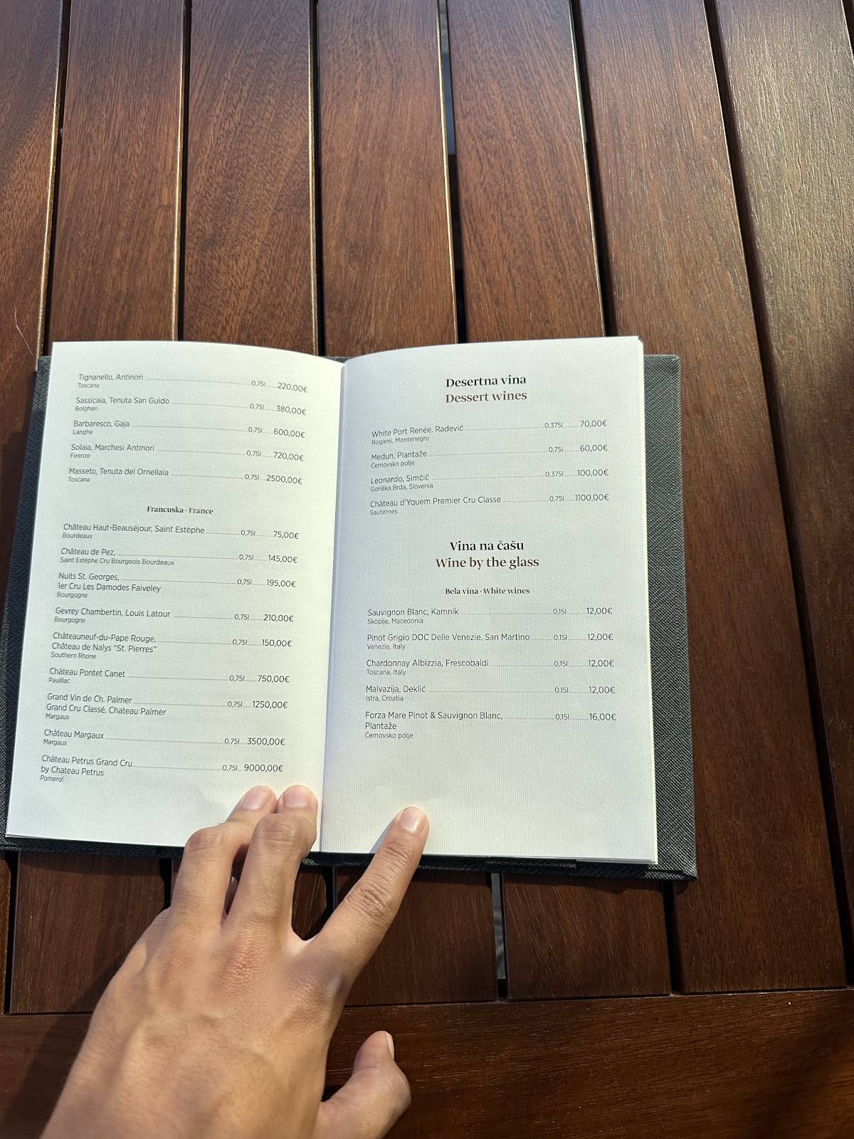 Menu at Forza Kuk restaurant, Montenegro