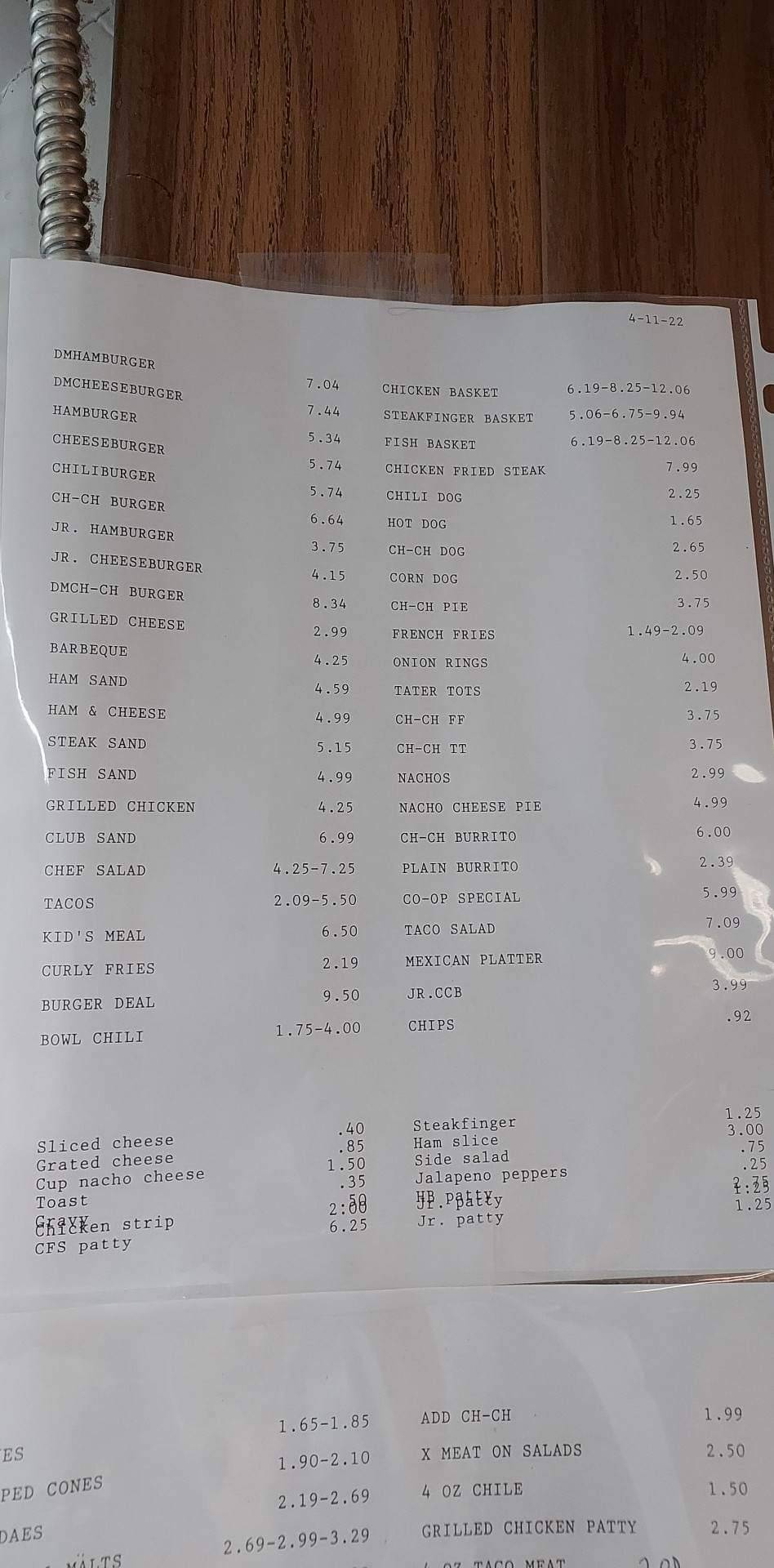 Menu at Fred's Corner Grille restaurant, Vernon