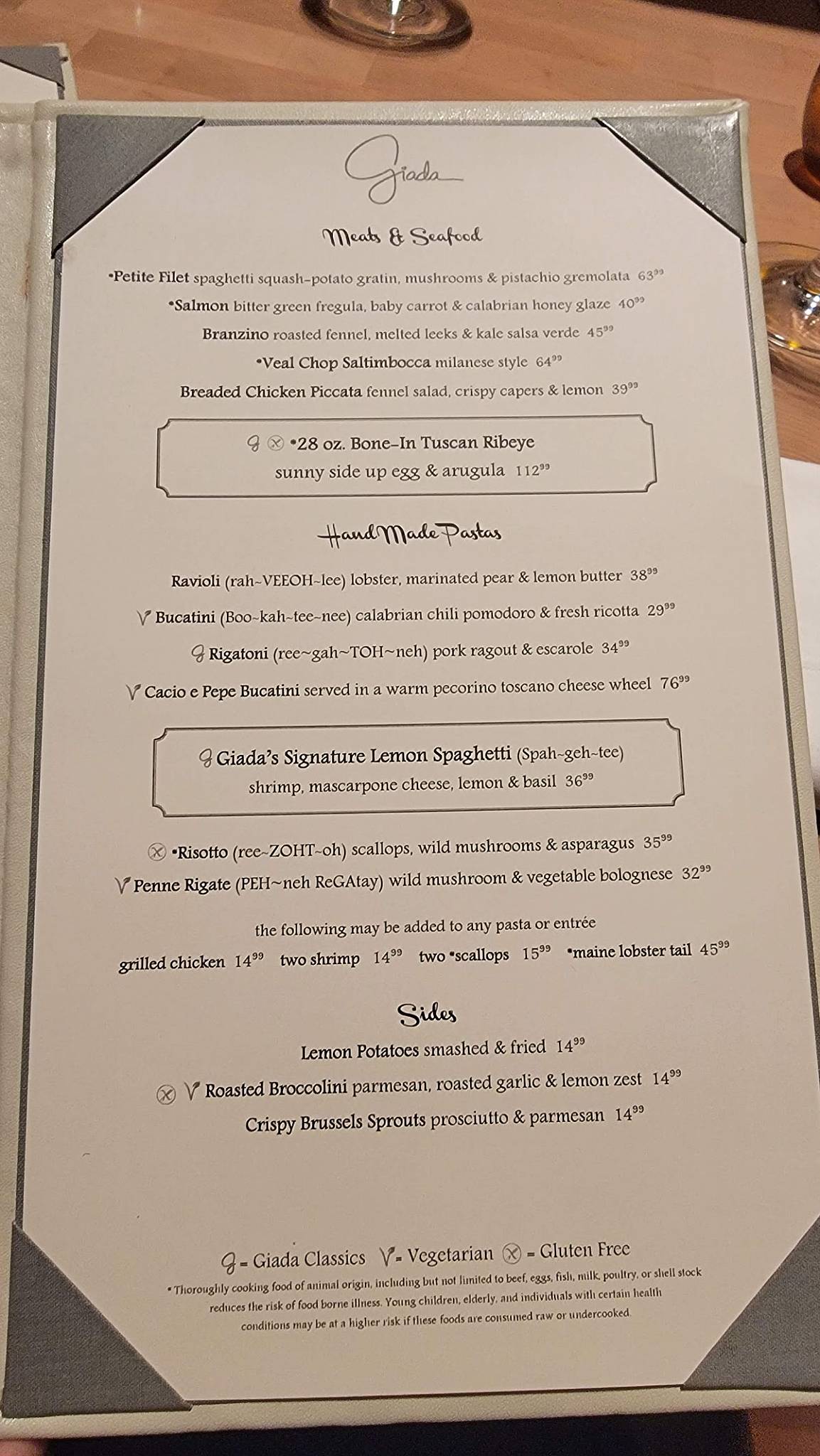 Menu at Giada at The Cromwell restaurant, Las Vegas, Las Vegas Blvd S