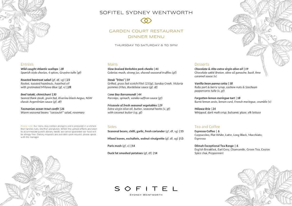 Menu at Garden Court Restaurant, Sydney