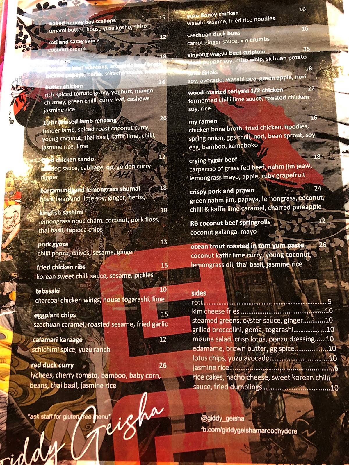 Menu at Giddy Geisha restaurant, Maroochydore