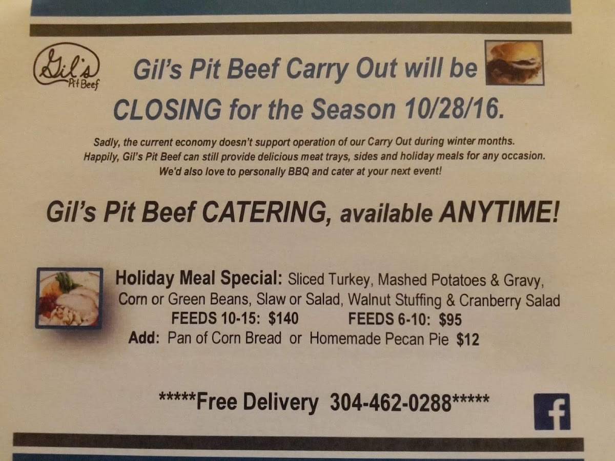 Menu at Gil's Pit Beef Carryout restaurant, Glenville, 25 Creekside Blvd