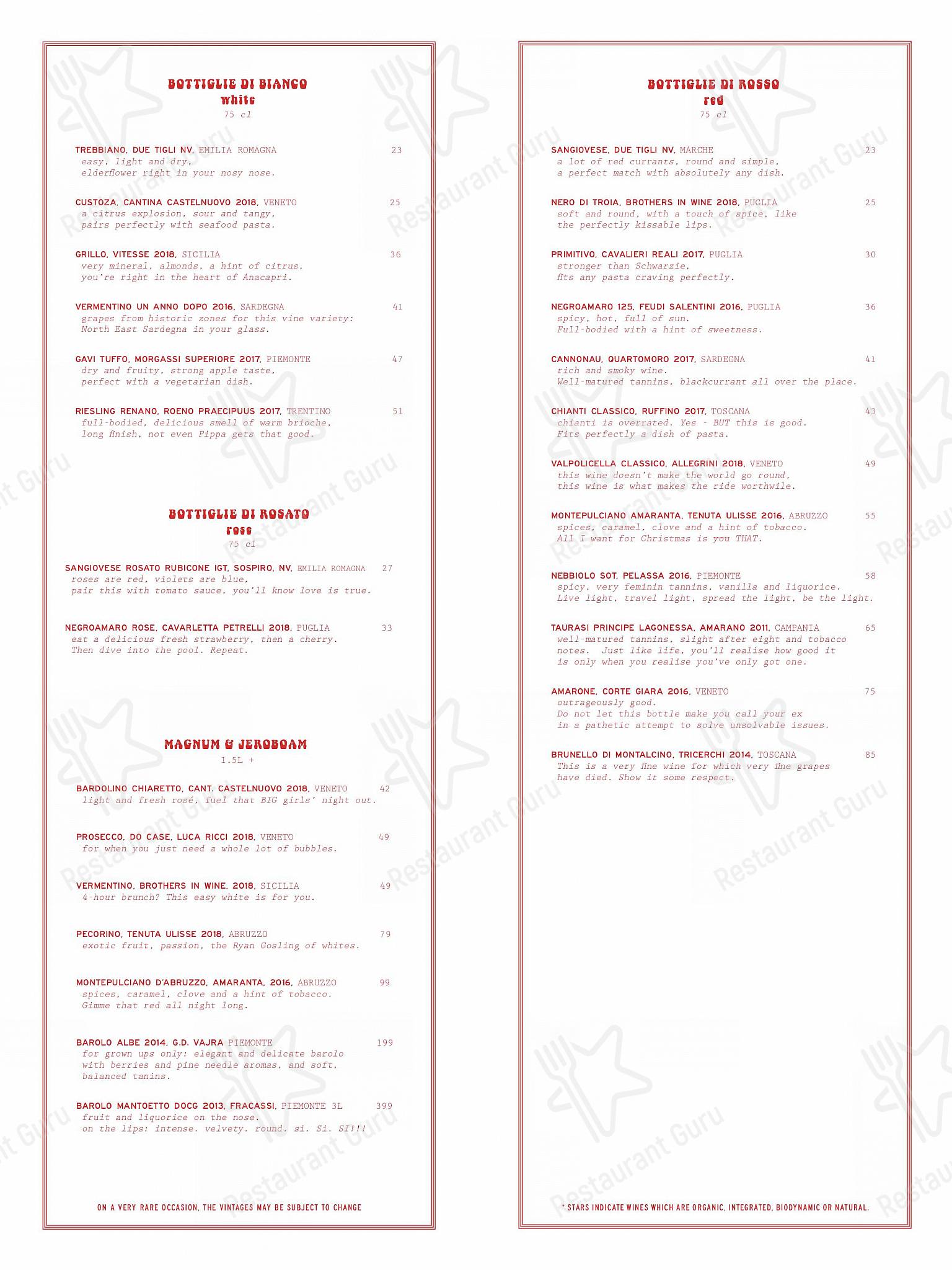 Menu at Gloria restaurant, London, 54-56 Great Eastern St