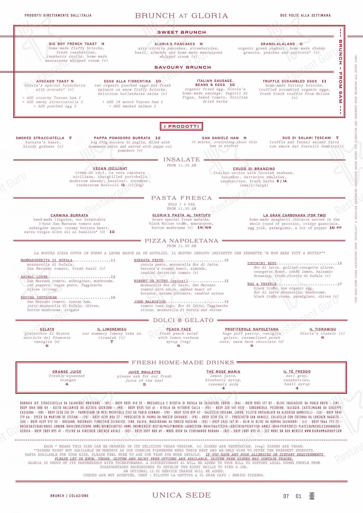 Menu at Gloria restaurant, London, 54-56 Great Eastern St