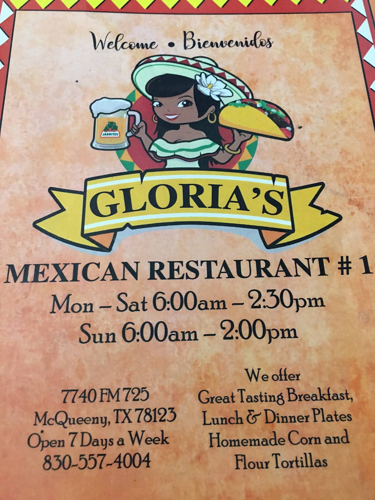 Menu at Gloria's Mexican Restaurant, New Braunfels